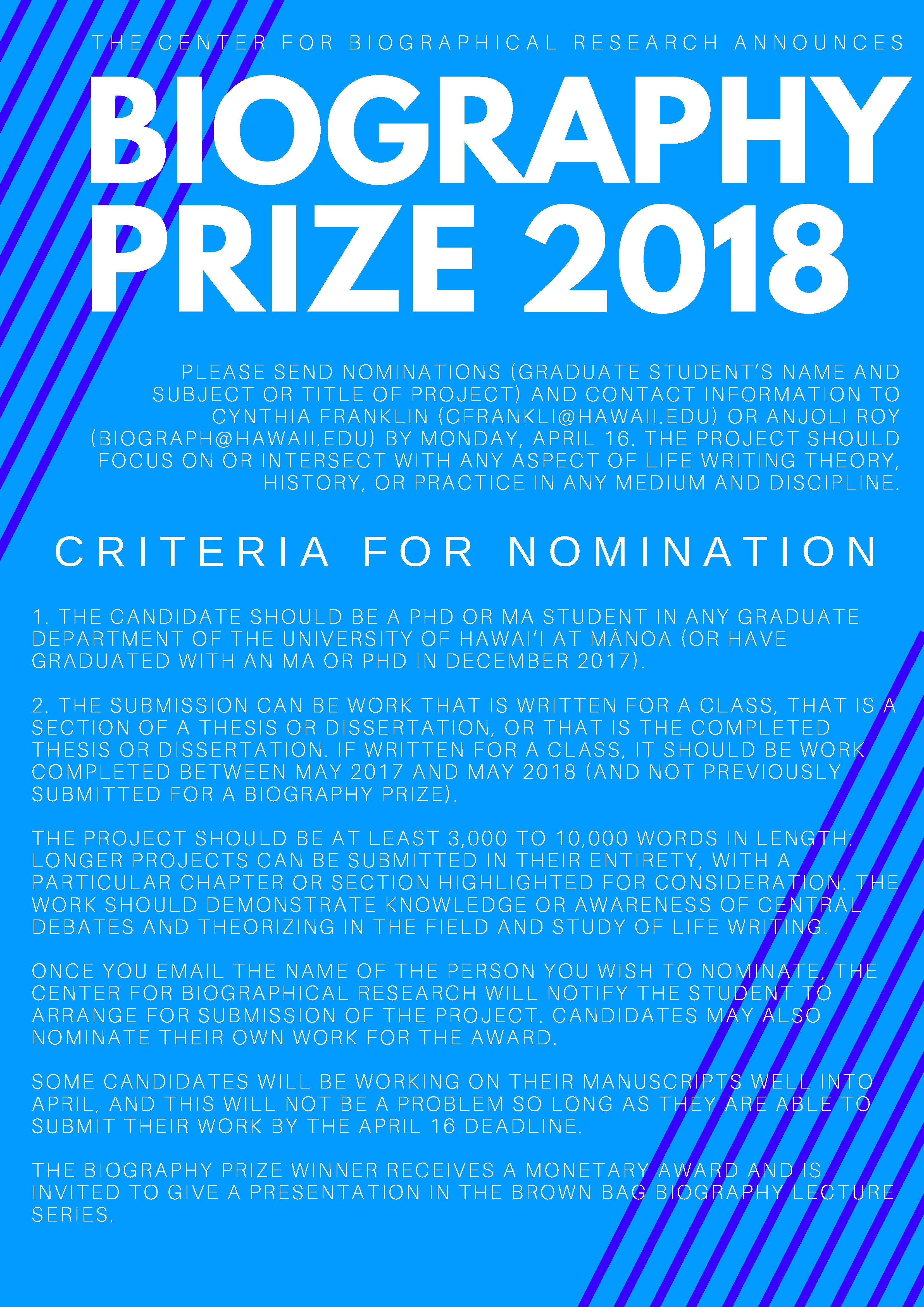 Call for Nominations: 2018 Biography Prize – UH Press